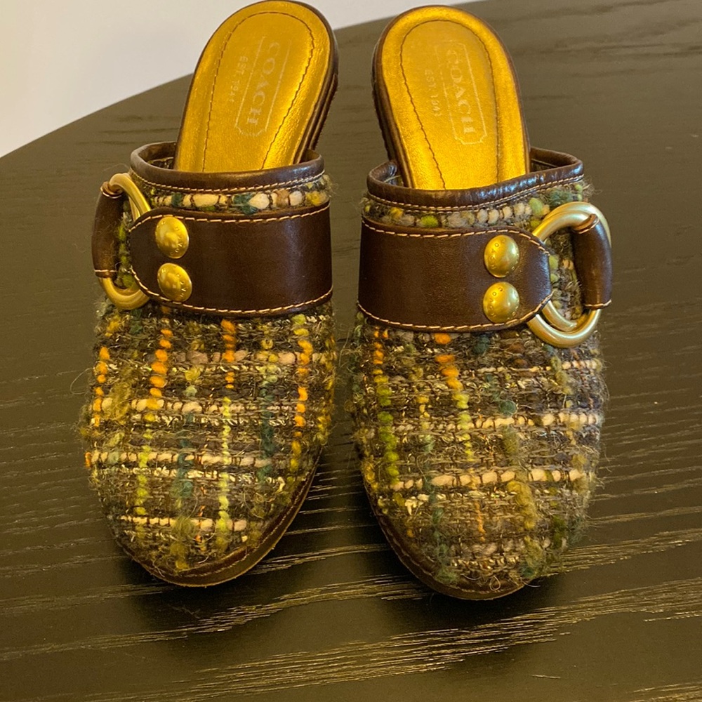 Vintage Coach Leather & Tweed Clogs - Gem